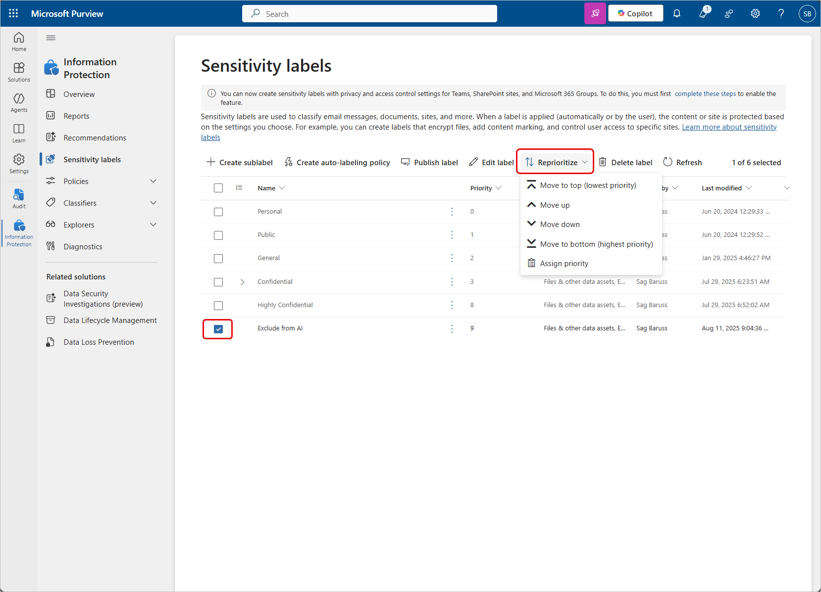 Sensitivity Labels for Microsoft 365 Copilot Protection
